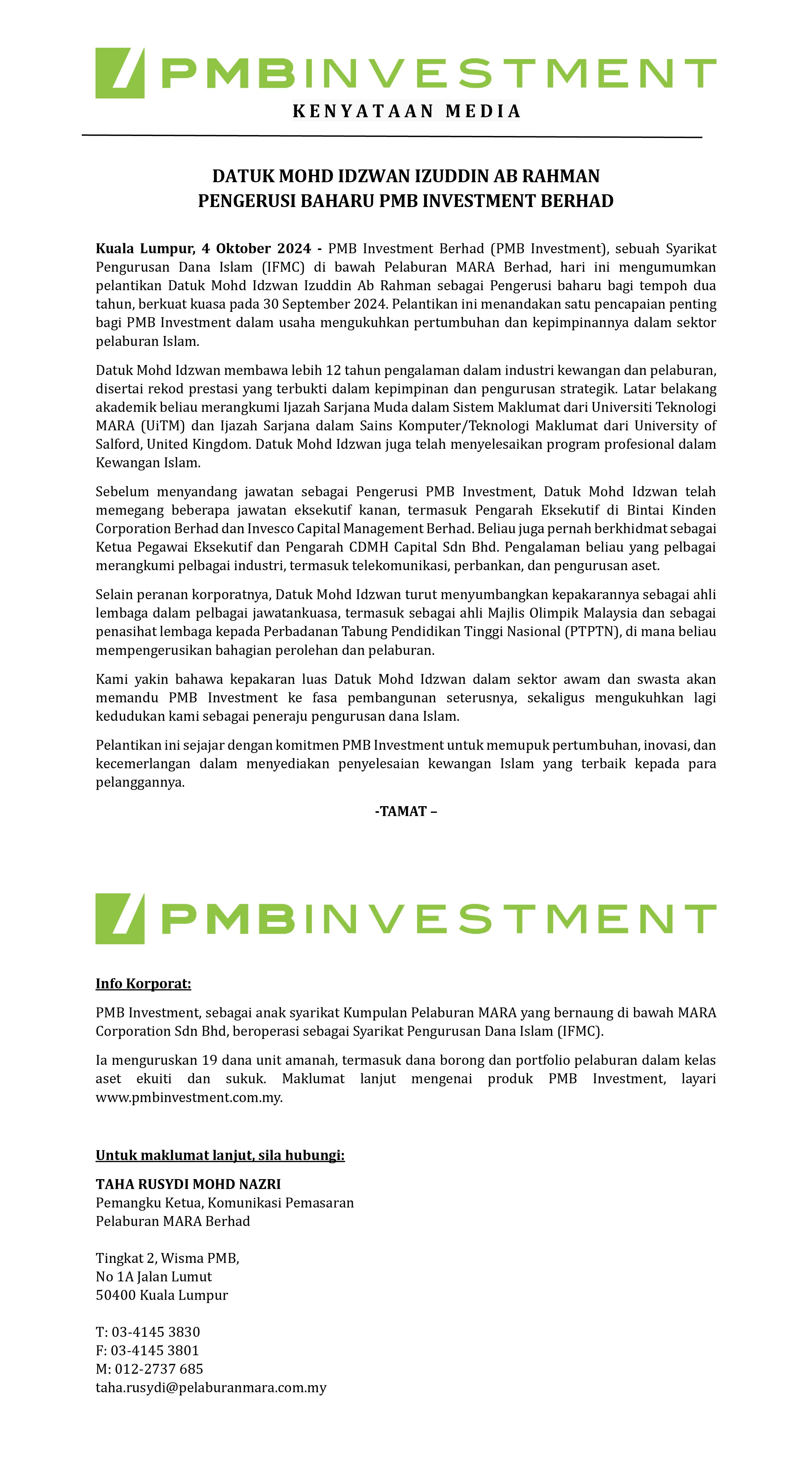 PRESS STATEMENT - PMB Investment Berhad appoints Datuk Mohd Idzwan ...