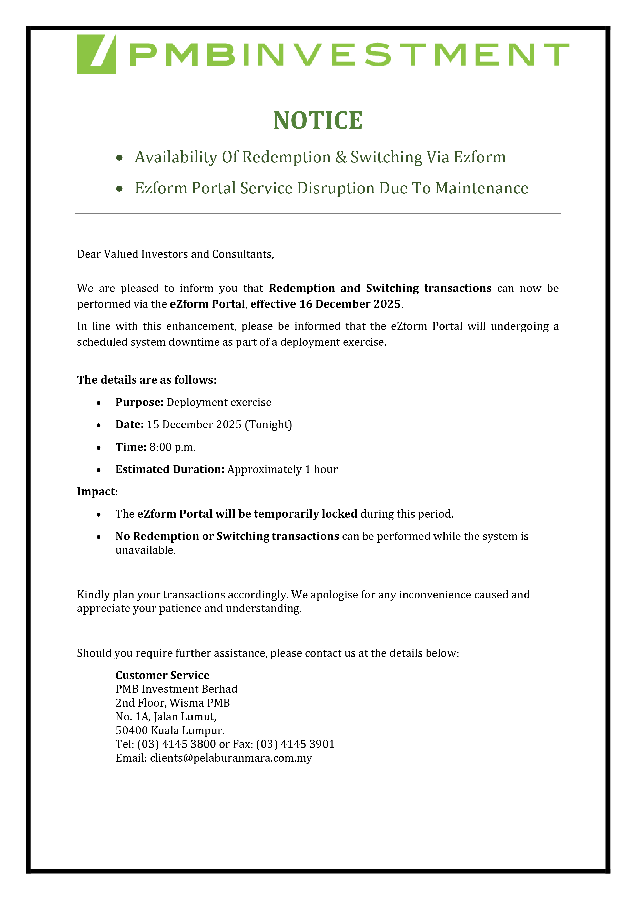 NOTICE - AVAILABILITY OF REDEMPTION & SWITCHING VIA EZFORM AND PORTAL ...