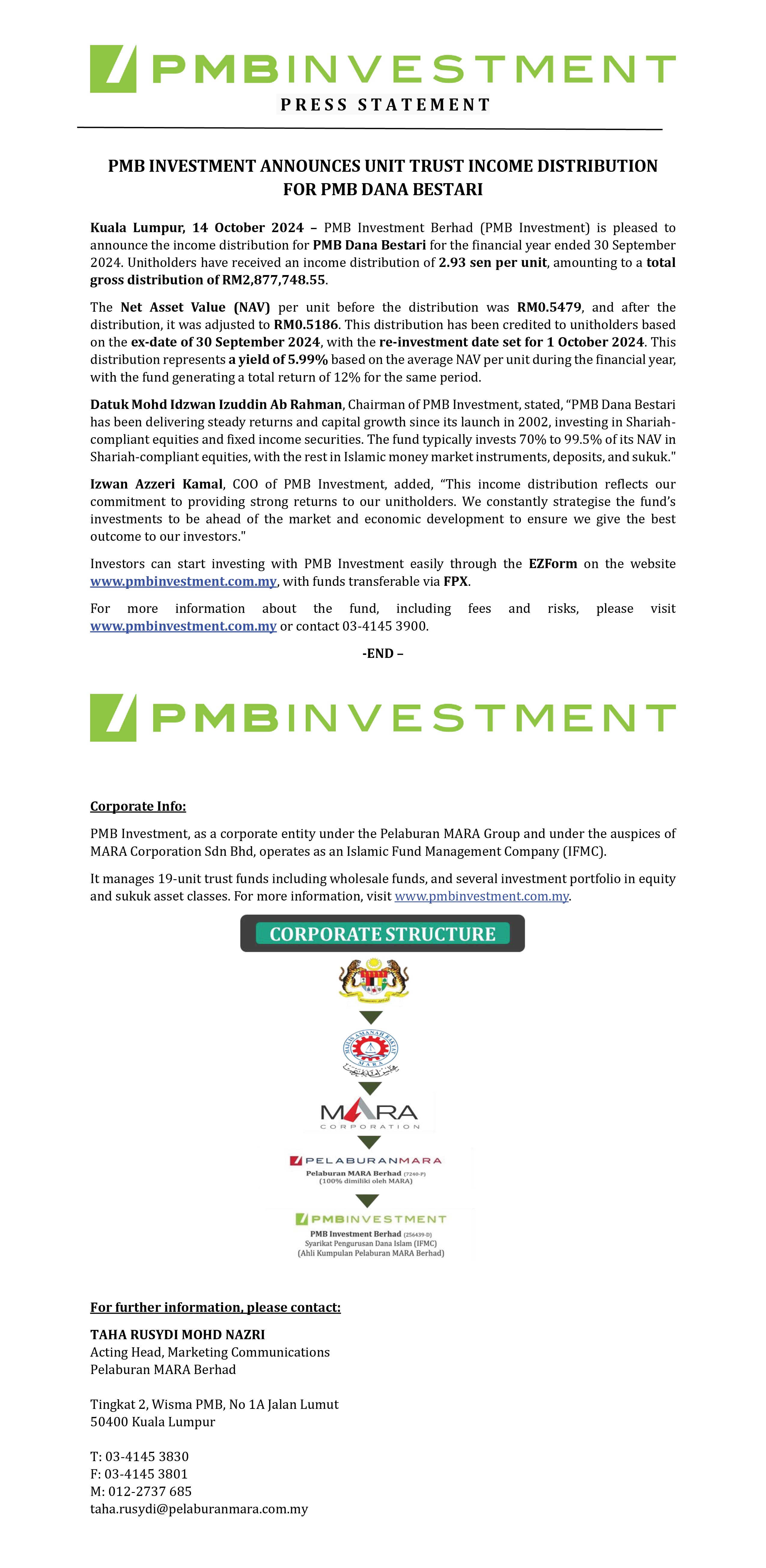 PRESS STATEMENT - PMB Investment Berhad announces unit trust income ...
